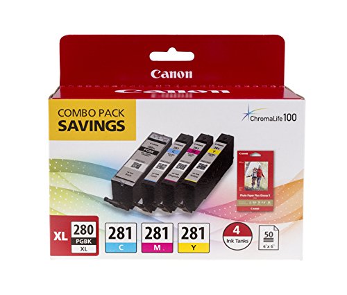 Canon PGI-280XL PGBK/CLI-281CMY, 50 Sheets PP-301 Combo Pack & 281 Black Ink Tank, Compatible to TR8520, TR7520, TS9120 Series