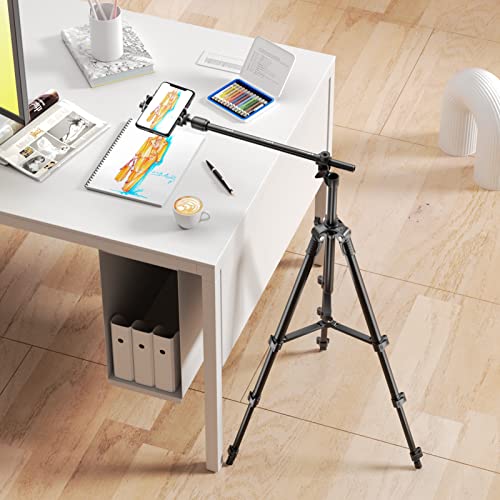 Phone Tripod, Lusweimi 67-inch Horizontal Tripod Stand with 360° Adjustable Ball Head and Wireless Remote for Camera/iPhone/Webcam, Tripod for Video Recording with Extended Arm/Clip Mount/Carry Bag