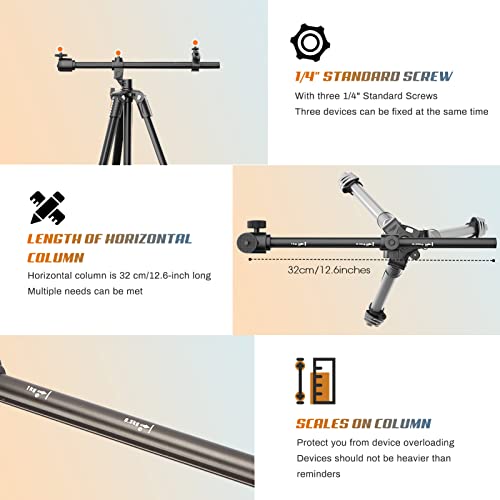 Phone Tripod, Lusweimi 67-inch Horizontal Tripod Stand with 360° Adjustable Ball Head and Wireless Remote for Camera/iPhone/Webcam, Tripod for Video Recording with Extended Arm/Clip Mount/Carry Bag