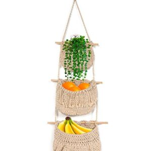 MOVNO Hanging Fruit Basket, Handmade Macrame Hanging Basket, Decorative Macrame Fruit Basket Hanging, Space Saving Boho Fruit Basket, Perfect for Kitchen/Room/Living Room Organization Storage