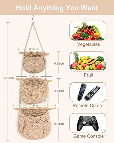 MOVNO Hanging Fruit Basket, Handmade Macrame Hanging Basket, Decorative Macrame Fruit Basket Hanging, Space Saving Boho Fruit Basket, Perfect for Kitchen/Room/Living Room Organization Storage