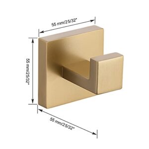 TURS Brushed Gold Towel/Robe Clothes Coat Hook Stainless Steel Square Shape Wall Mounted Hooks for Bath Kitchen Garage,2 Packs