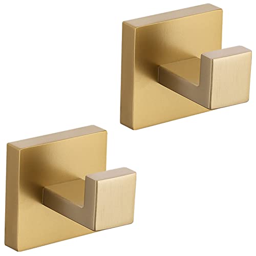 TURS Brushed Gold Towel/Robe Clothes Coat Hook Stainless Steel Square Shape Wall Mounted Hooks for Bath Kitchen Garage,2 Packs