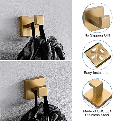 TURS Brushed Gold Towel/Robe Clothes Coat Hook Stainless Steel Square Shape Wall Mounted Hooks for Bath Kitchen Garage,2 Packs