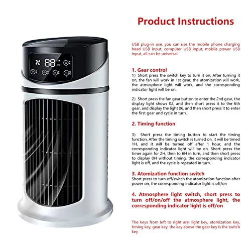 Portable Air Conditioner Fan Strong Air Flow Personal USB Air Cooler Fan RGB Colorful Light 5-Speed Multi-Function Timing Air Conditioning Fan Home Dormitory Office Desktop Humidification Electric Fan