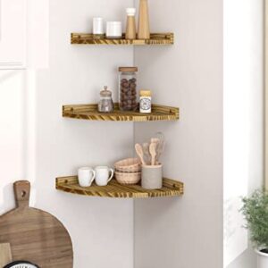 Godimerhea Floating Corner Shelves for Wall, Rustic Solid Wood Wall Mounted Set of 3, Display Hanging Decor Kitchen Storage Heavy Duty Corner Shelf for Living Room Bedroom Bathroom, Brown