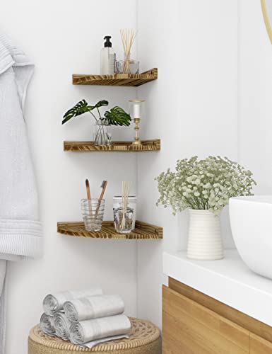 Godimerhea Floating Corner Shelves for Wall, Rustic Solid Wood Wall Mounted Set of 3, Display Hanging Decor Kitchen Storage Heavy Duty Corner Shelf for Living Room Bedroom Bathroom, Brown