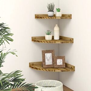 Godimerhea Floating Corner Shelves for Wall, Rustic Solid Wood Wall Mounted Set of 3, Display Hanging Decor Kitchen Storage Heavy Duty Corner Shelf for Living Room Bedroom Bathroom, Brown