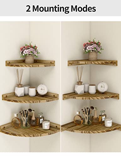 Godimerhea Floating Corner Shelves for Wall, Rustic Solid Wood Wall Mounted Set of 3, Display Hanging Decor Kitchen Storage Heavy Duty Corner Shelf for Living Room Bedroom Bathroom, Brown