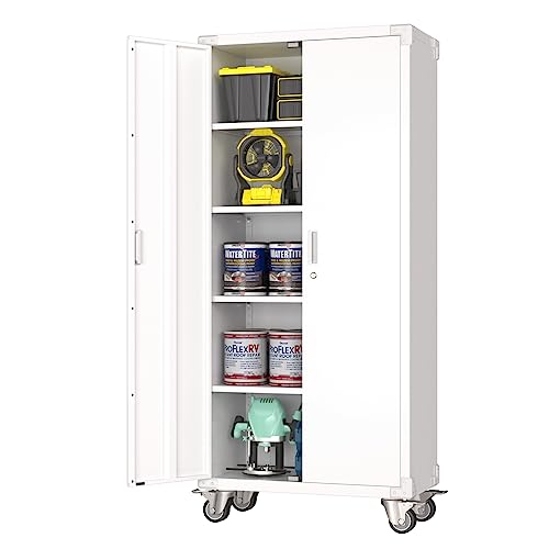 Aobabo 72 Inches Metal Office Storage Cabinet with Wheels, Locking Metal Storage Cabinet with 4Shelves, Rolling Tool Storage Cabinet on Wheels, Assembly Required,White