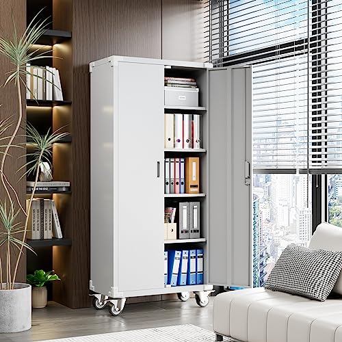 Aobabo 72 Inches Metal Office Storage Cabinet with Wheels, Locking Metal Storage Cabinet with 4Shelves, Rolling Tool Storage Cabinet on Wheels, Assembly Required,White