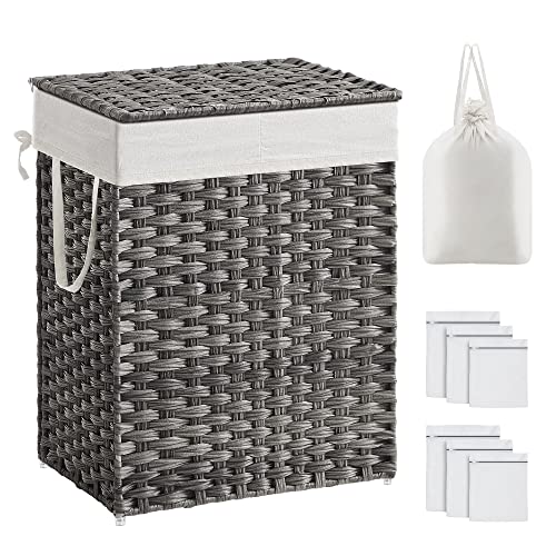 SONGMICS Laundry Hamper with Lid, 90L Laundry Basket with 2 Removable Liner Bags & 6 Mesh Bags, Poly Rattan Laundry Hamper Bathroom, 13 x 18.1 x 23.6 Inches, Gray ULCB251G01