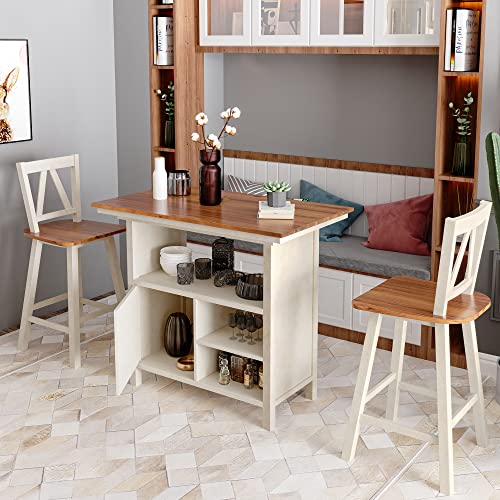 Merax Farmhouse 3-Piece Wooden Kitchen Counter Height Dining Table Set with Storage Cabinet and Shelves for Small Places, Walnut+Distressed White