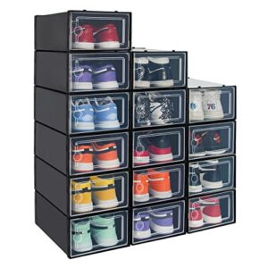 hrrsaki 15 pack shoe storage boxes, black plastic stackable shoe organizer boxes with front opening lids, ventilation and dust-proof, shoe container boxes for closet, bedroom, bathroom, fit for women/men size 9(13” x 9” x 5.5”)