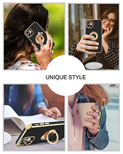 BENTOBEN iPhone 12 Case, Slim Lightweight 360° Ring Holder Kickstand Support Car Mount Shockproof Women Men Non-Slip Protective Case for iPhone 12 6.1", Black/Gold