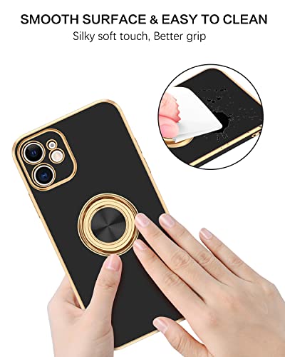 BENTOBEN iPhone 12 Case, Slim Lightweight 360° Ring Holder Kickstand Support Car Mount Shockproof Women Men Non-Slip Protective Case for iPhone 12 6.1", Black/Gold