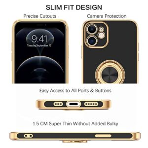 BENTOBEN iPhone 12 Case, Slim Lightweight 360° Ring Holder Kickstand Support Car Mount Shockproof Women Men Non-Slip Protective Case for iPhone 12 6.1", Black/Gold