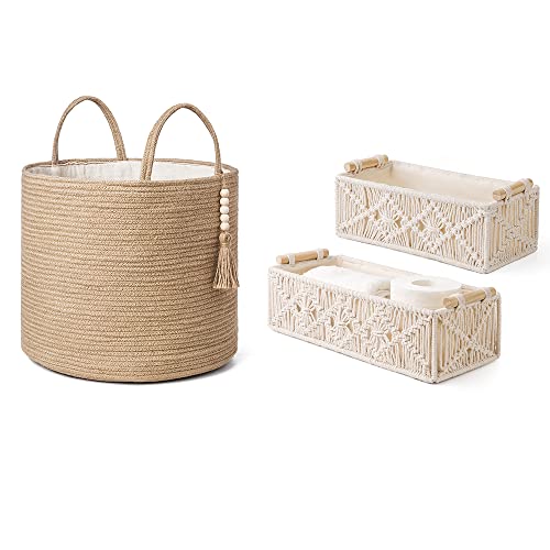 Mkono Jute Woven Storage Basket and 2Pcs Macrame Storage Baskets Boho Decor for Bedroom, Dorm, Living Room, Bathroom