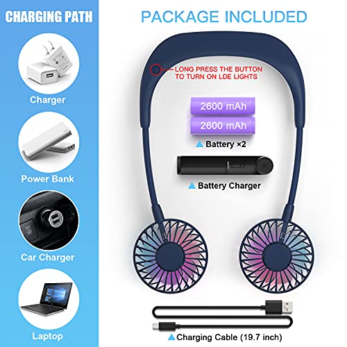 Portable Neck Fan, 24 Working Hours Rechargeable Battery Operated Fan with a Charger for 2x2600 mAh Battery, Personal Fan Hands Free Wearable Hanging Around Neck Fans for Travel Gardening Cooking