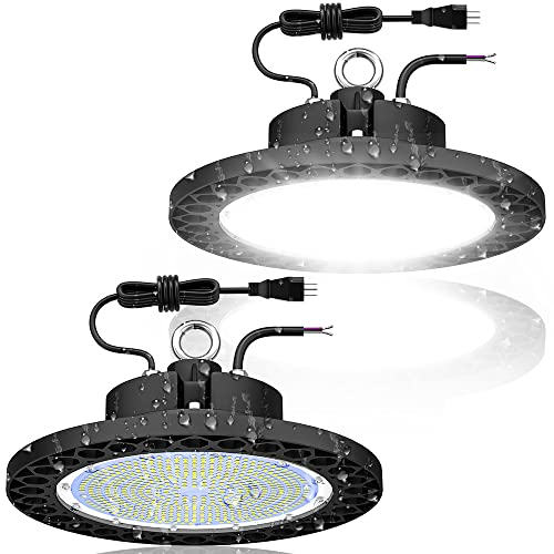 2Pack 200W UFO LED High Bay Lights 5000K Daylight Super Bright 34658LM Dimmable 0-10V Commercial Shop Lighting Fixture 100-277V with 5'Cable US Plug Warehouse Light IP65 Waterproof Workshop Area Lamp