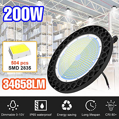 2Pack 200W UFO LED High Bay Lights 5000K Daylight Super Bright 34658LM Dimmable 0-10V Commercial Shop Lighting Fixture 100-277V with 5'Cable US Plug Warehouse Light IP65 Waterproof Workshop Area Lamp