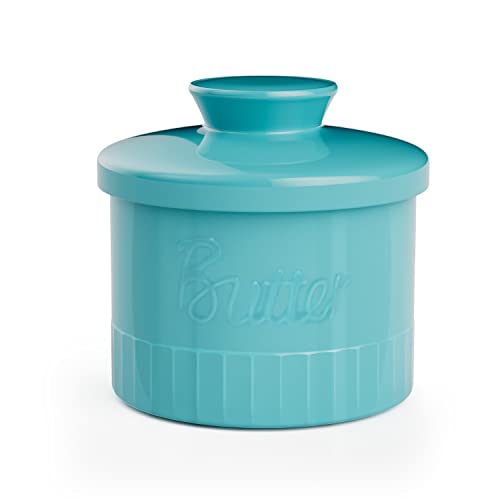 Ceramic Butter Crock, French Butter Dish with Lid for Kitchen Counter, Large Porcelain Butter Keeper with Water Line, Farmhouse Country Style Butter for refrigerator Storage Container, Aqua