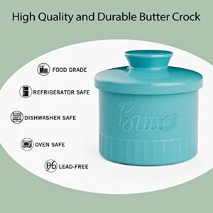 Ceramic Butter Crock, French Butter Dish with Lid for Kitchen Counter, Large Porcelain Butter Keeper with Water Line, Farmhouse Country Style Butter for refrigerator Storage Container, Aqua