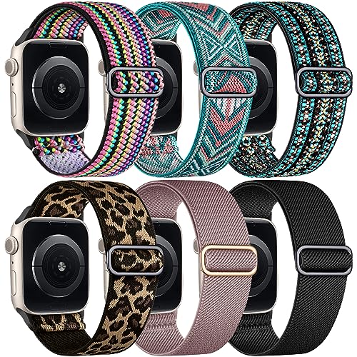 WJK Compatible with Apple Watch Band 44mm for Women Men, Sport Stretchy Nylon Straps Compatible with Apple Watch Bands 38mm 40mm 41mm 49mm 45mm 42mm for iWatch Ultra SE Series 8 7 6 5 4 3 2 1, 6 Packs