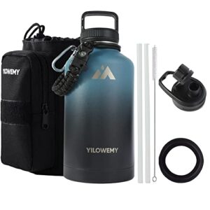 64 oz water bottle stainless steel with straws & 3 lids, double wall vacuum insulated half gallon water bottle with sleeve & carry pouch, 64oz leak proof metal thermos water jug for sport camping