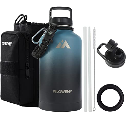 64 oz Water Bottle Stainless Steel with Straws & 3 Lids, Double Wall Vacuum Insulated Half Gallon Water Bottle with Sleeve & Carry Pouch, 64oz Leak Proof Metal Thermos Water Jug for Sport Camping