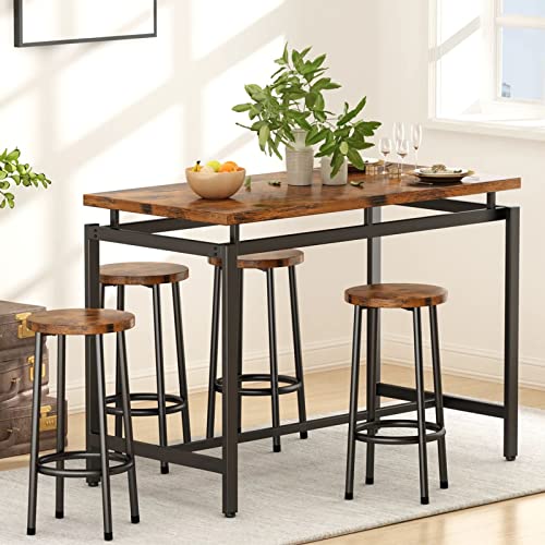 LinkRomat Dining Room Table Set, Bar Set for 4, Kitchen with 4 Round Stools, 5 Piece Height Pub Dinner Bistro and Chairs Small Spaces, Brown, Rustic Brown, 47.24 x 23.62 x 35.04''(Heighten)