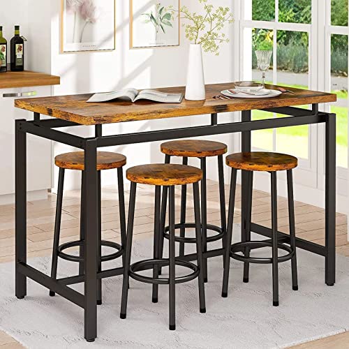 LinkRomat Dining Room Table Set, Bar Set for 4, Kitchen with 4 Round Stools, 5 Piece Height Pub Dinner Bistro and Chairs Small Spaces, Brown, Rustic Brown, 47.24 x 23.62 x 35.04''(Heighten)