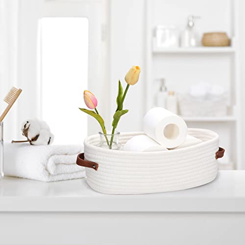 HLWDFLZ Bathroom Countertop Organizer Basket, Cotton Rope Woven Storage Basket Toilet Paper Decorative Basket for Bathroom, Bedroom, Living Room, Entryway (Off White)