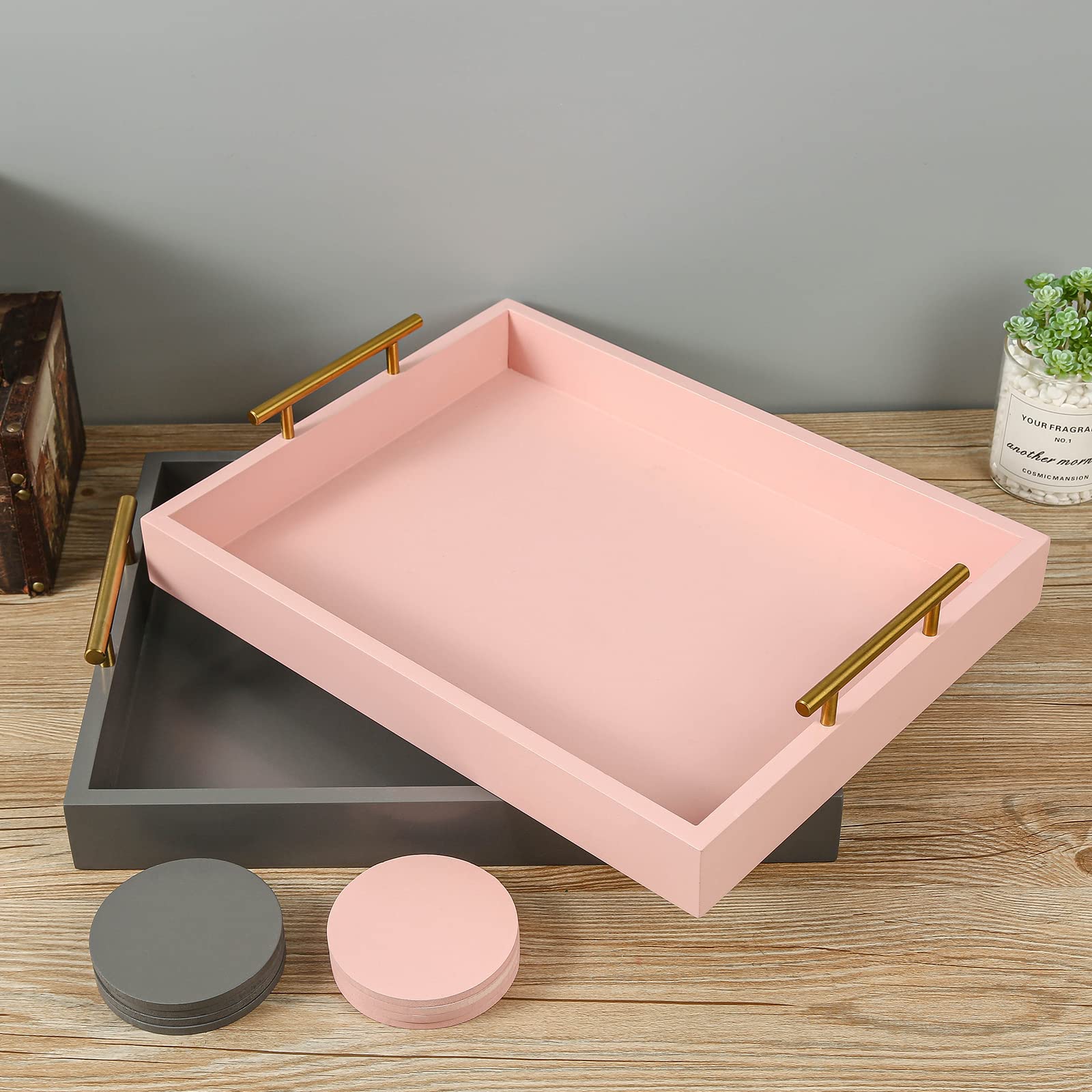 Juleduo Serving Tray, Deluxe Tray for Coffee Table with Polished Metal Handles and 4 Coasters, Living Room Bathroom Coffee Bar Organizer Modern Decorative Tray, for Storage and Display (Pink)