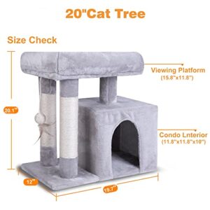 LOUSCIPETS Cat Tree Scratching Post for Indoor Cats, 20-inch Cat Condo with Platform, Cat Tower Cat Furniture Activity Center Play House Grey for Kittens, M Size