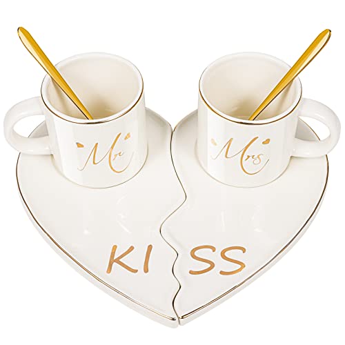 Coffee Mugs Mug Sets Demitasse Cups Mr and Mrs with Kiss Tray Wedding Engagement Bridal Shower or Couples Anniversary Valentines Christmas Gifts -Ceramic Marble Coffee Mug -White