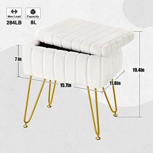 Greenstell Vanity Stool Chair Faux Fur with Storage, 15.7"L x 11.8"W x 19.4"H Soft Ottoman 4 Metal Legs with Anti-Slip Feet, Furry Padded Seat, Modern Multifunctional Chairs for Makeup, Bedroom White