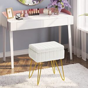 Greenstell Vanity Stool Chair Faux Fur with Storage, 15.7"L x 11.8"W x 19.4"H Soft Ottoman 4 Metal Legs with Anti-Slip Feet, Furry Padded Seat, Modern Multifunctional Chairs for Makeup, Bedroom White