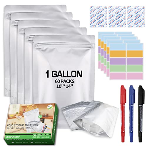 60 Pack 1 Gallon Mylar Bags with Oxygen Absorbers 400CC (7 Packs of 10 PCS) and Labels, Total 9.5Mil Thick Food Grade Mylar Bags for Food Storage 1 Gallon 10x14 Inch Zipper Bags Resealable SENDGREEN