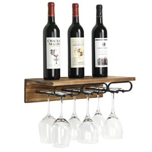 mygift wall mounted rustic burnt solid wood wine glass holder with top display shelf, wine bottle display shelf with black metal stemware hanging rack