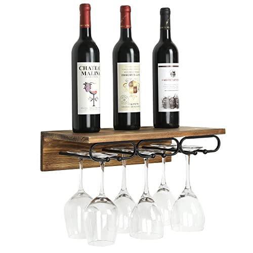 MyGift Wall Mounted Rustic Burnt Solid Wood Wine Glass Holder with Top Display Shelf, Wine Bottle Display Shelf with Black Metal Stemware Hanging Rack