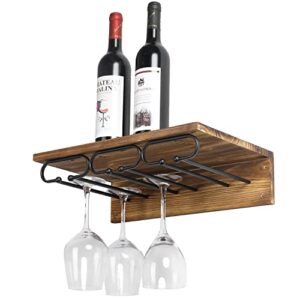 MyGift Wall Mounted Rustic Burnt Solid Wood Wine Glass Holder with Top Display Shelf, Wine Bottle Display Shelf with Black Metal Stemware Hanging Rack