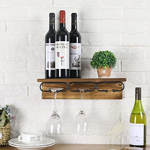 MyGift Wall Mounted Rustic Burnt Solid Wood Wine Glass Holder with Top Display Shelf, Wine Bottle Display Shelf with Black Metal Stemware Hanging Rack