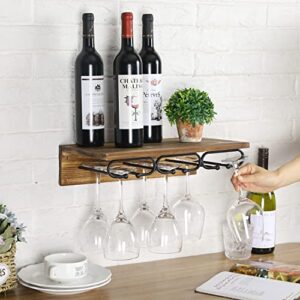 MyGift Wall Mounted Rustic Burnt Solid Wood Wine Glass Holder with Top Display Shelf, Wine Bottle Display Shelf with Black Metal Stemware Hanging Rack