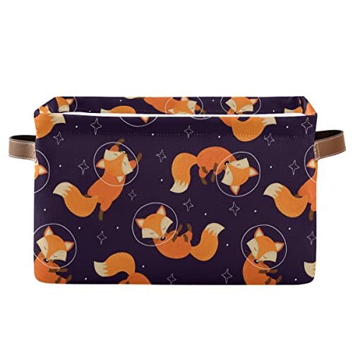 xigua Seamless Pattern With Fox In Space Storage Basket Collapsible Toy Storage Bins Waterproof Canvas Storage Basket with Leather Handles for Home Closets Offices,Bedrooms,Kids Toy and Gift Baskets,2PCS