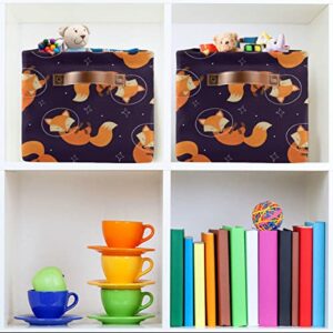 xigua Seamless Pattern With Fox In Space Storage Basket Collapsible Toy Storage Bins Waterproof Canvas Storage Basket with Leather Handles for Home Closets Offices,Bedrooms,Kids Toy and Gift Baskets,2PCS