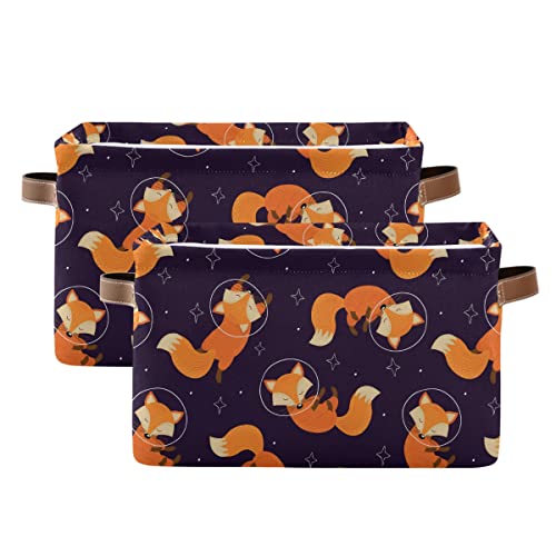 xigua Seamless Pattern With Fox In Space Storage Basket Collapsible Toy Storage Bins Waterproof Canvas Storage Basket with Leather Handles for Home Closets Offices,Bedrooms,Kids Toy and Gift Baskets,2PCS