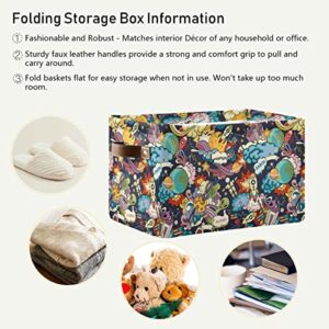 xigua Cartoon Space Rocket Storage Basket Collapsible Toy Storage Bins Waterproof Canvas Storage Basket with Leather Handles for Home Closets Offices,Bedrooms,Kids Toy and Gift Baskets,2PCS