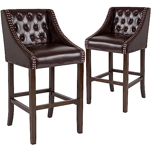 Flash Furniture 2 Pk. Carmel Series 30" High Transitional Tufted Walnut Barstool with Accent Nail Trim in Brown LeatherSoft