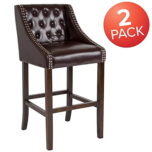 Flash Furniture 2 Pk. Carmel Series 30" High Transitional Tufted Walnut Barstool with Accent Nail Trim in Brown LeatherSoft